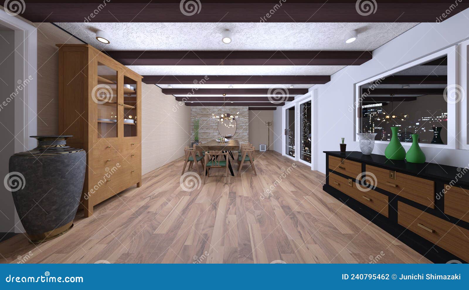 3D Rendering of the Dining Room with Night View Stock Illustration ...