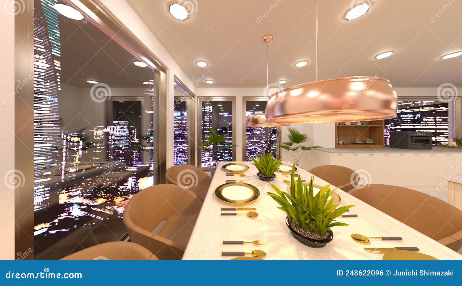 3D Rendering of the Dining Room with Night View Stock Illustration ...
