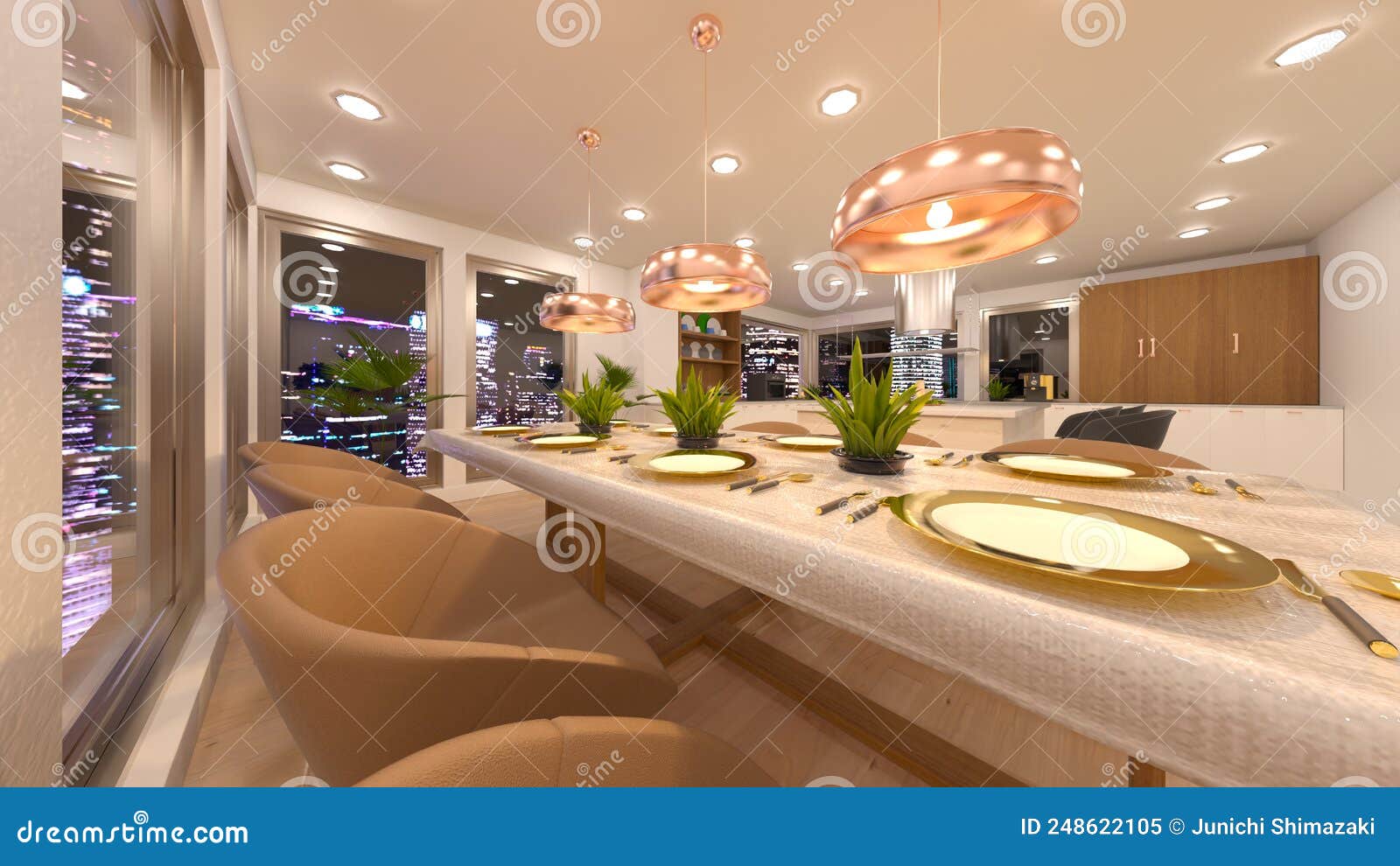3D Rendering of the Dining Room with Night View Stock Illustration ...