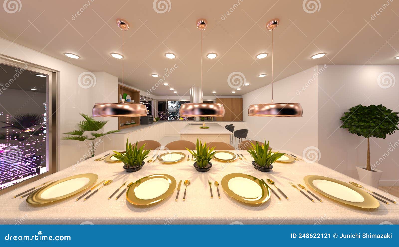 3D Rendering of the Dining Room with Night View Stock Illustration ...