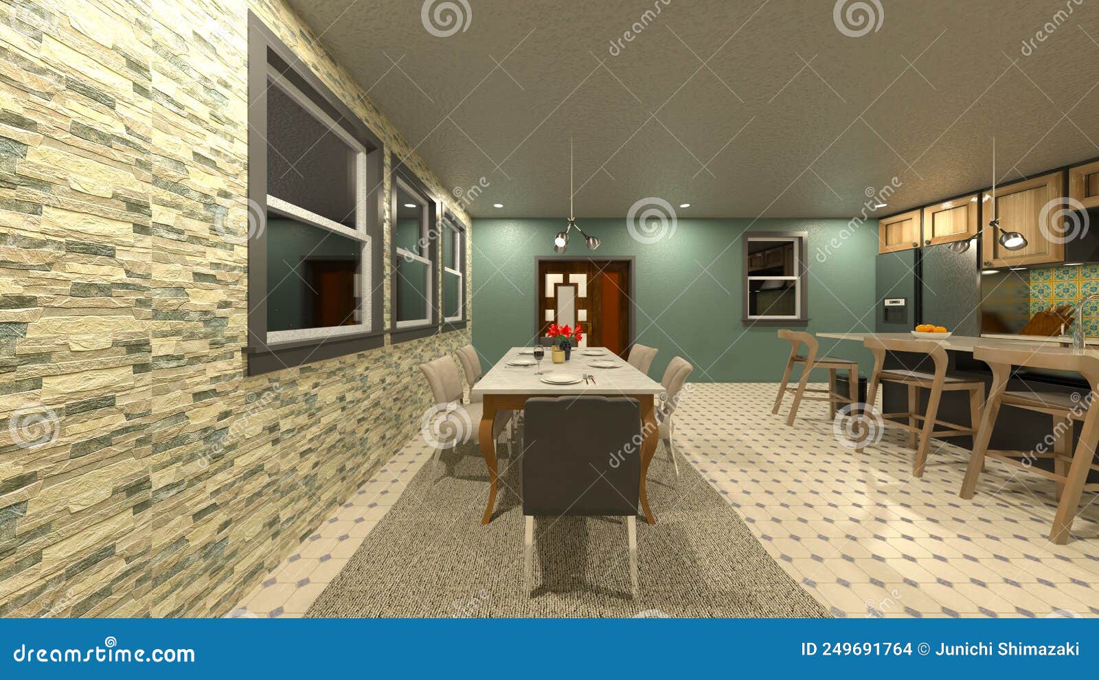 3D Rendering of the Dining Room with Night View Stock Illustration ...