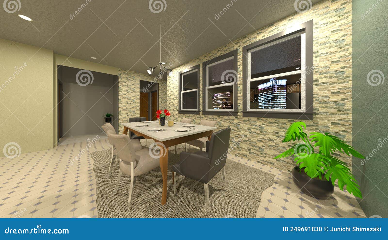 3D Rendering of the Dining Room with Night View Stock Illustration ...