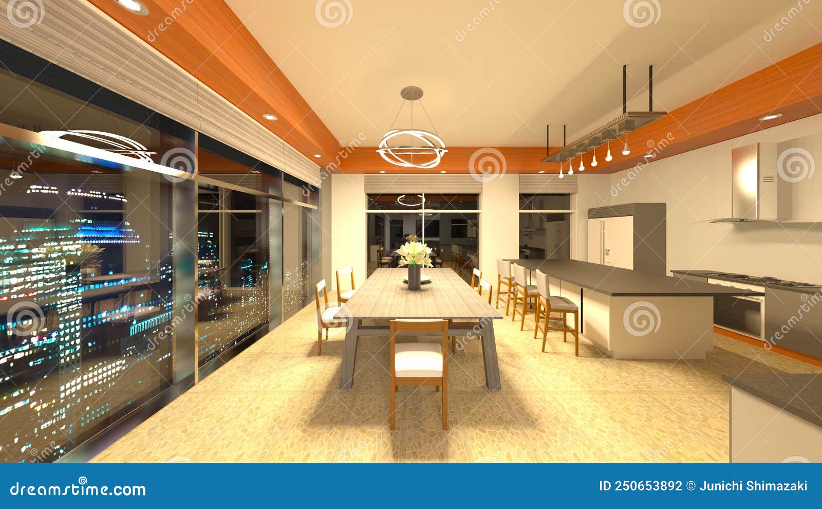 3D Rendering of the Dining Room with Night View Stock Illustration ...