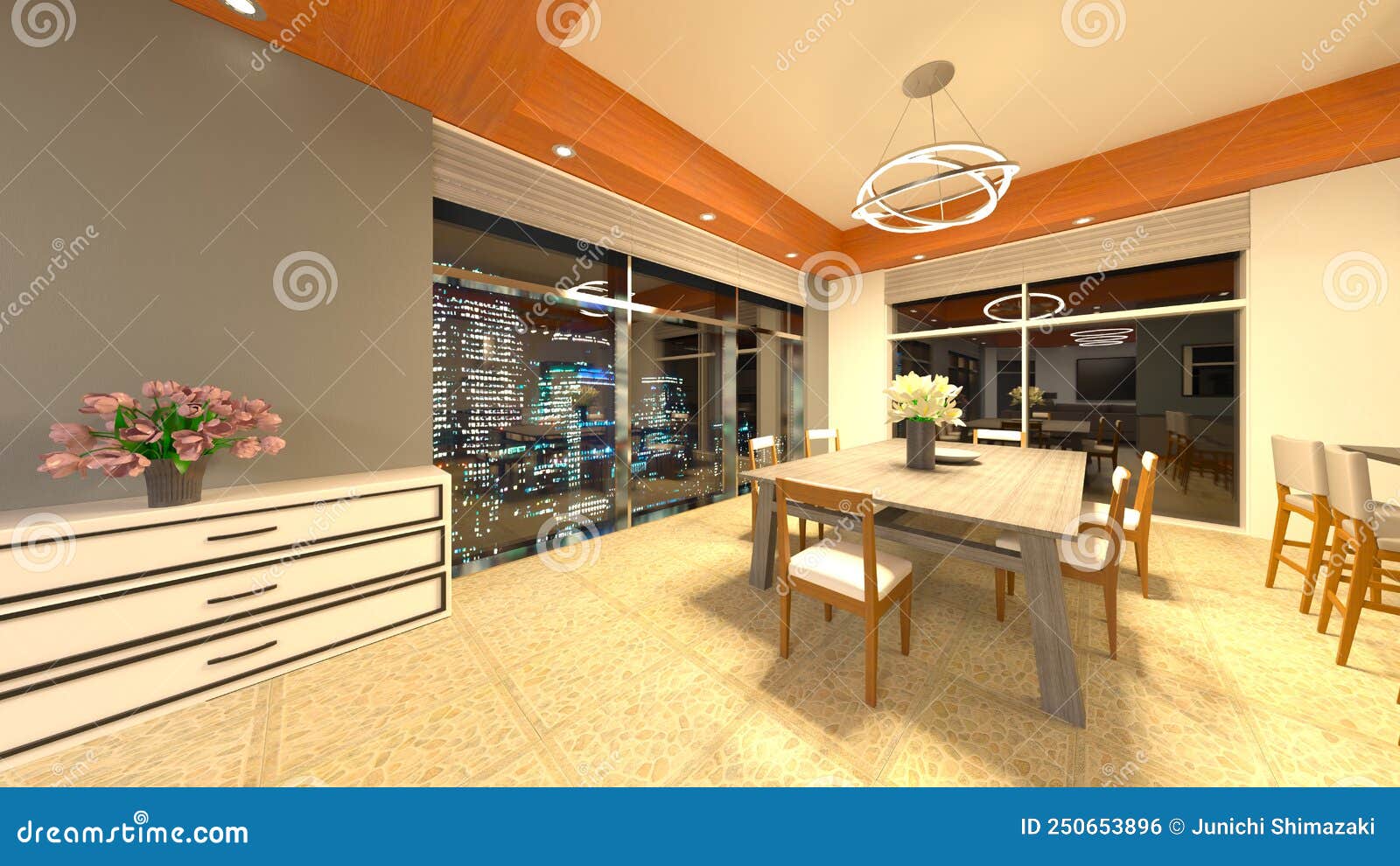3D Rendering of the Dining Room with Night View Stock Illustration ...