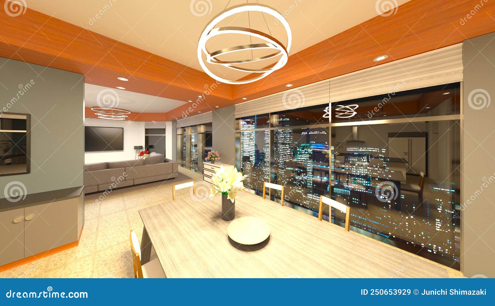 3D Rendering of the Dining Room with Night View Stock Illustration ...