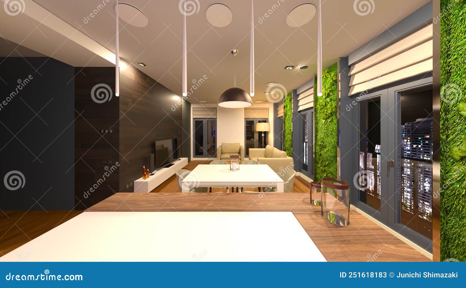3D Rendering of the Dining Room with Night View Stock Illustration ...