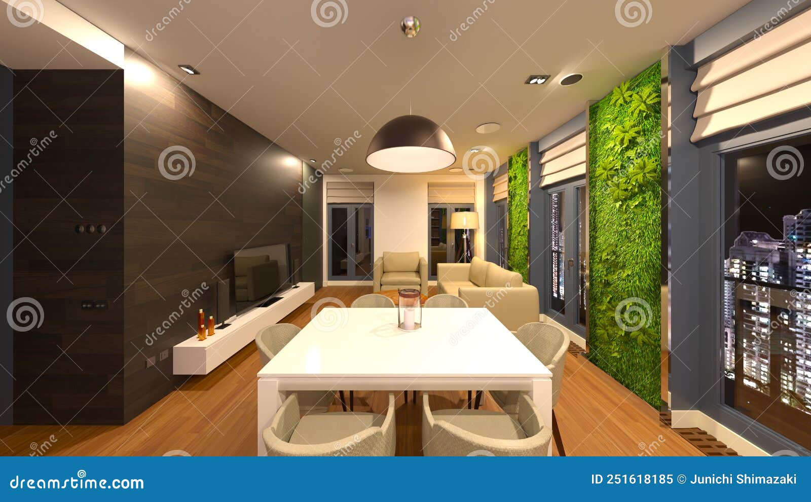 3D Rendering of the Dining Room with Night View Stock Illustration ...