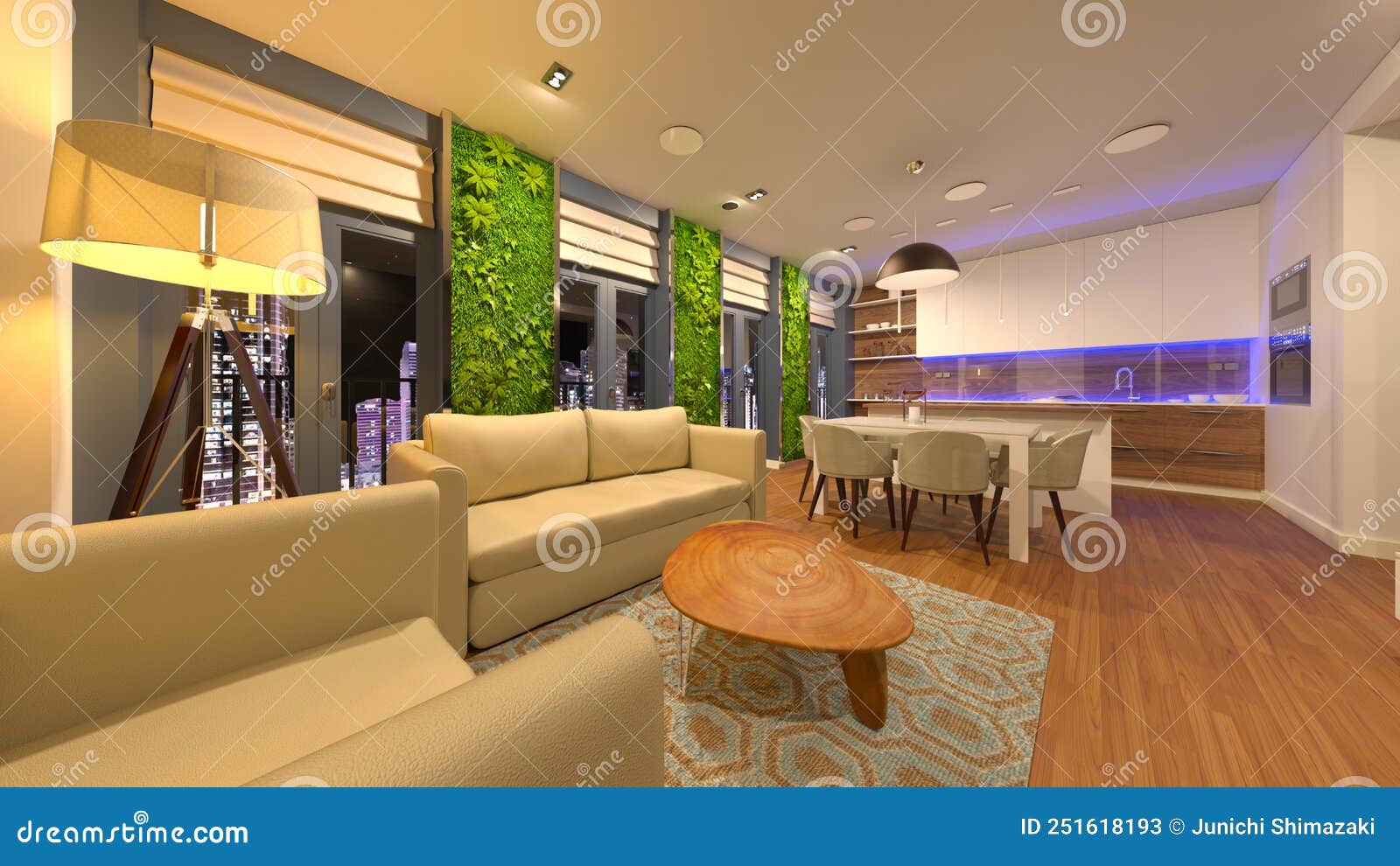 3D Rendering of the Dining Room with Night View Stock Illustration ...