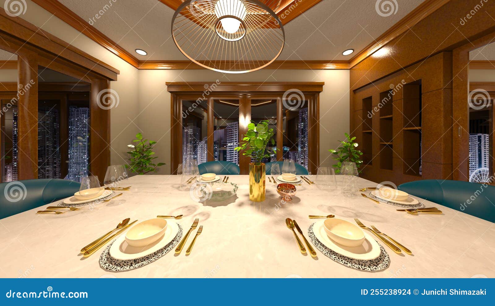 3D Rendering of the Dining Room with Night View Stock Illustration ...