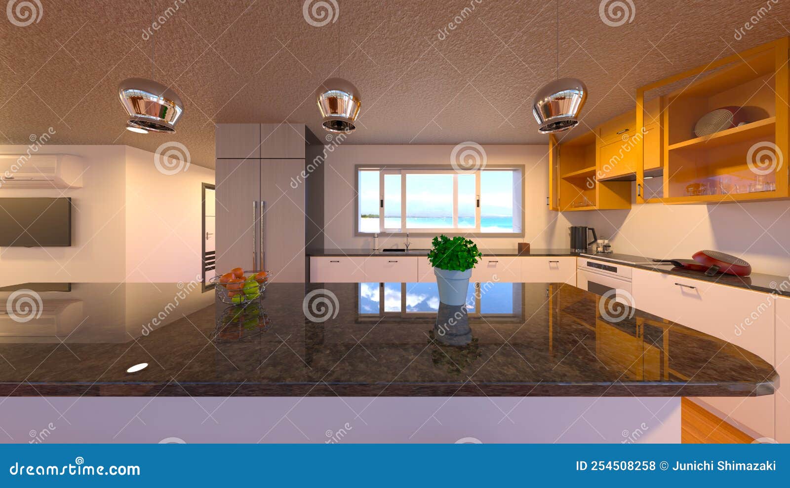 3D Rendering of the Dining Room with Sea View Stock Illustration ...