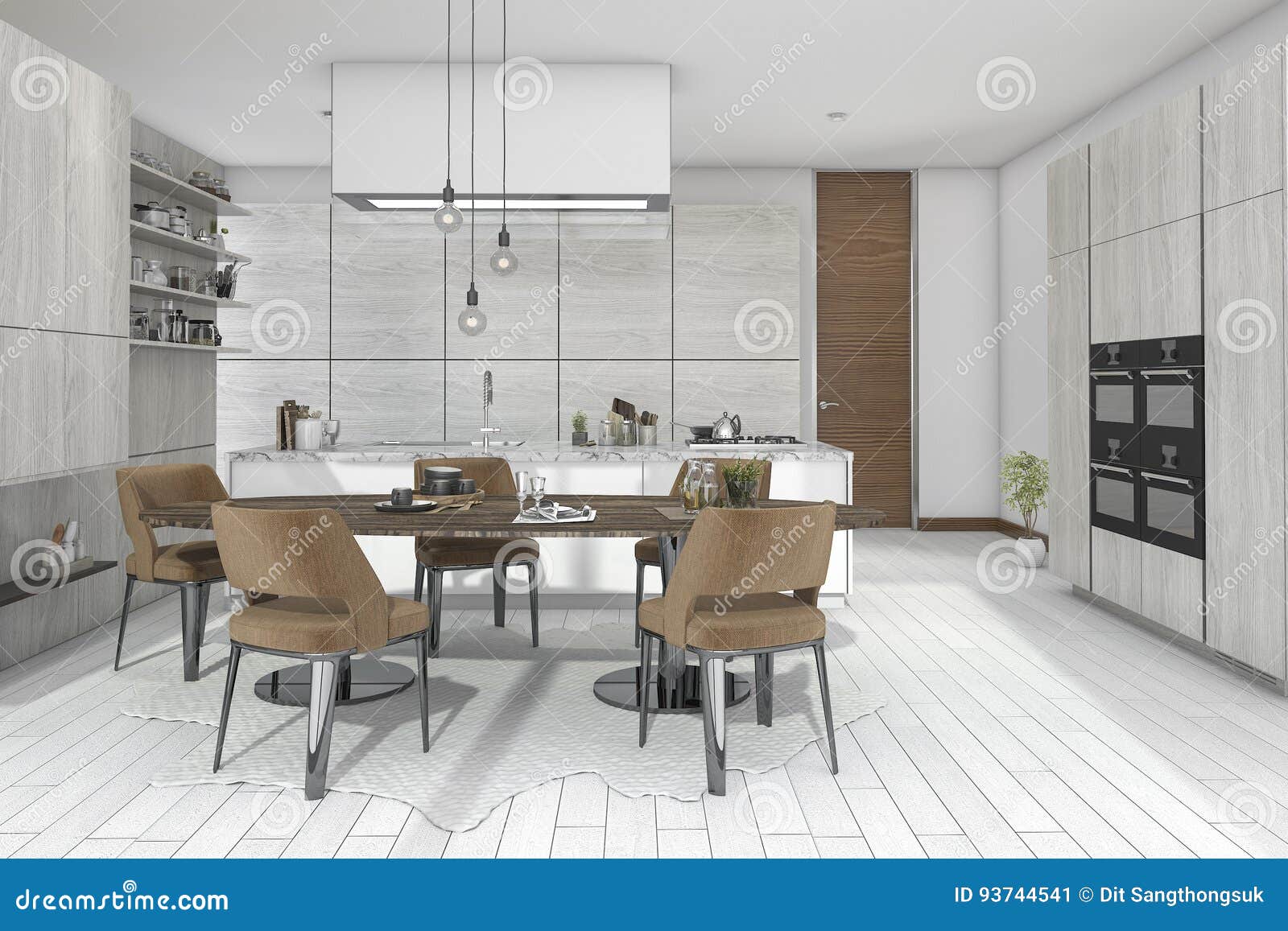 3d Rendering Dining Set in Wood Kitchen and Living Design Stock ...