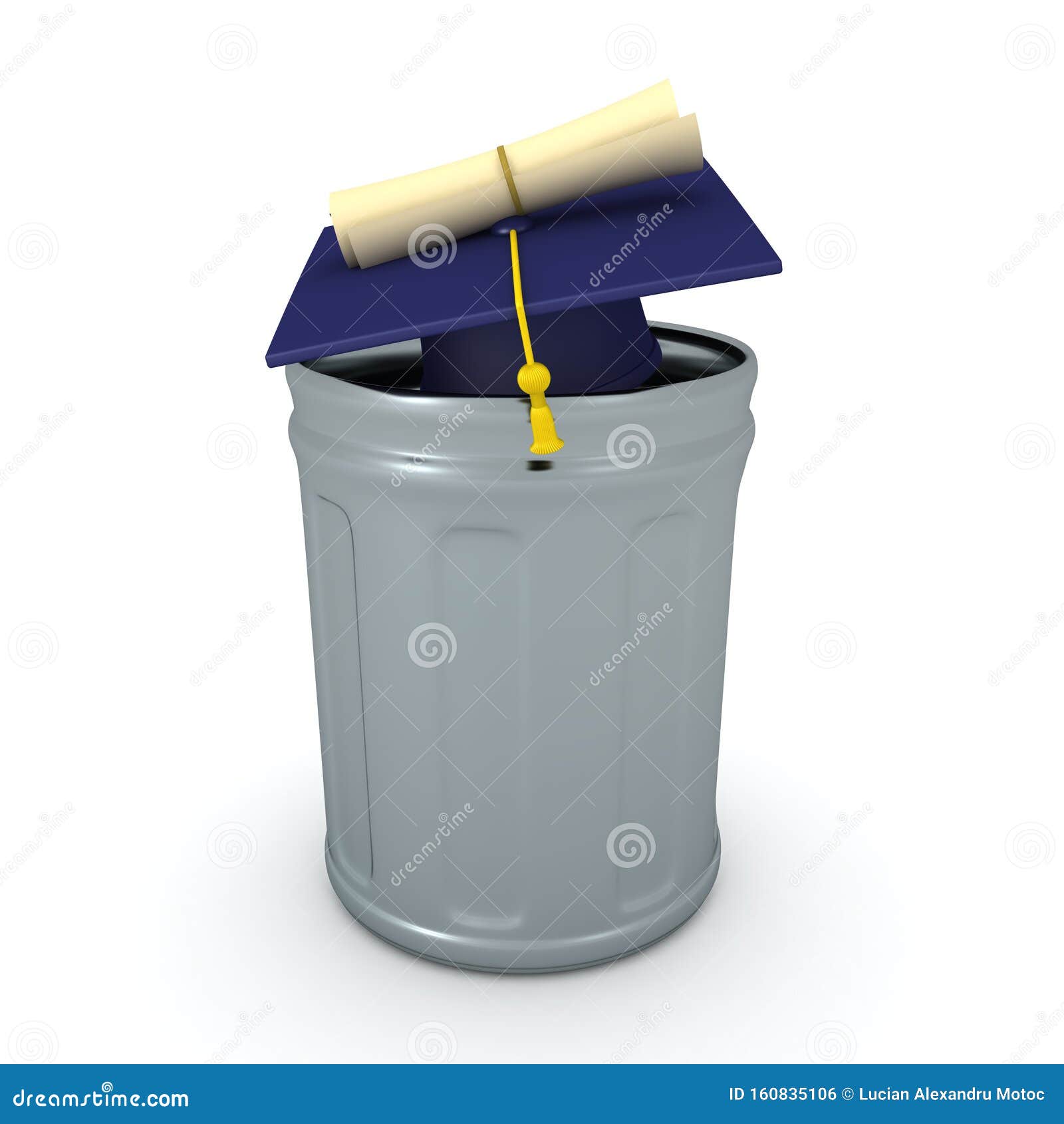 3D Rendering of Diploma and Graduation Hat in a Garbage Can Stock ...