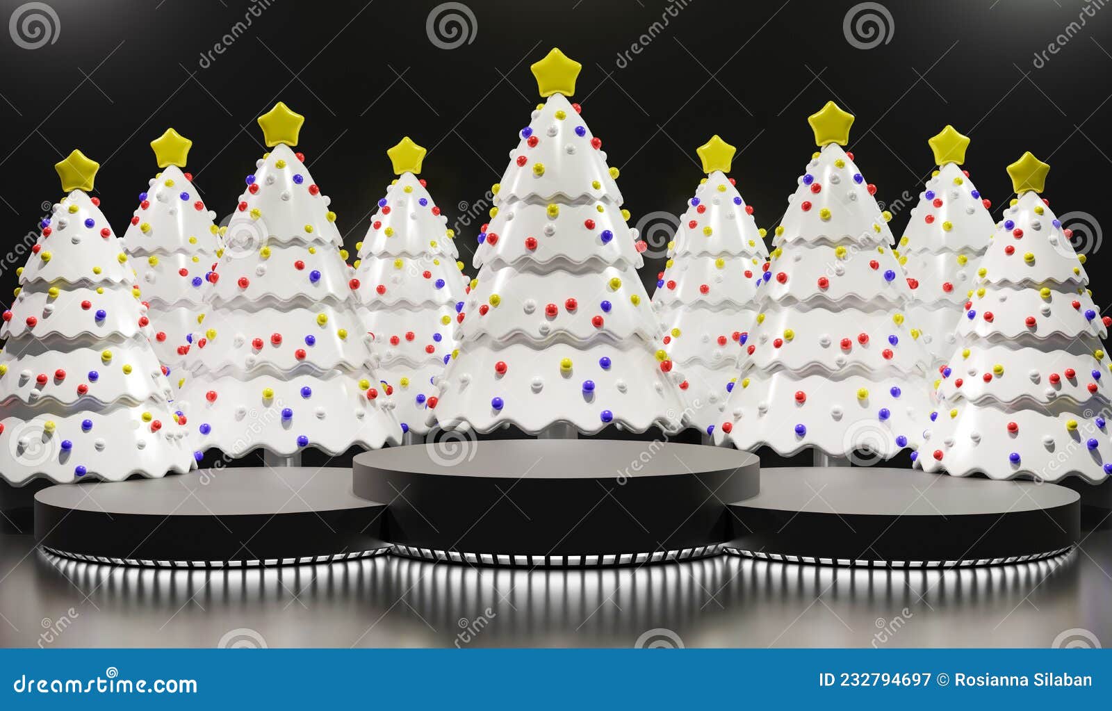 3d Display Podium with Christmas Trees in Dark Room Stock Illustration ...