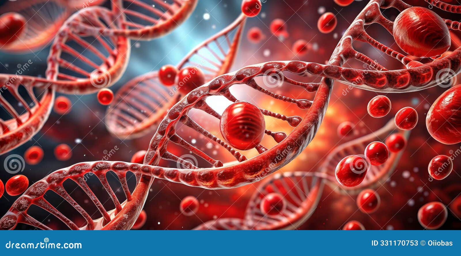 3D Rendering of DNA Double Helix with Red Blood Cells Stock ...