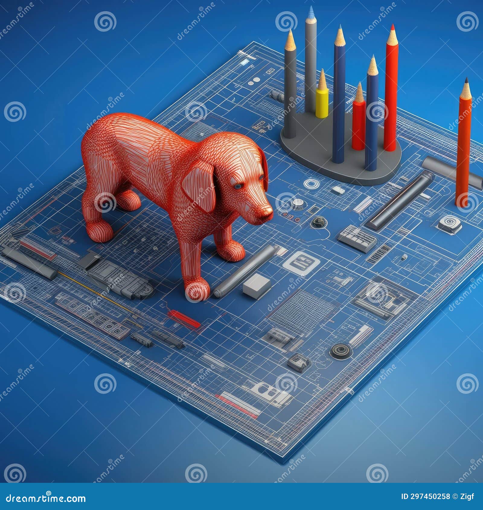 3d Rendering of Dog on Blueprint Stock Illustration - Illustration of ...