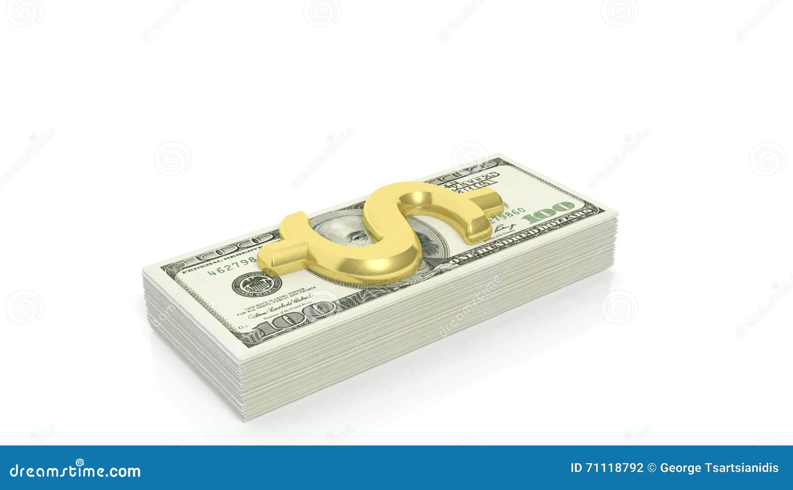 3D Rendering of 100 Dollar Banknote Stack with Golden Dollar Symbol ...
