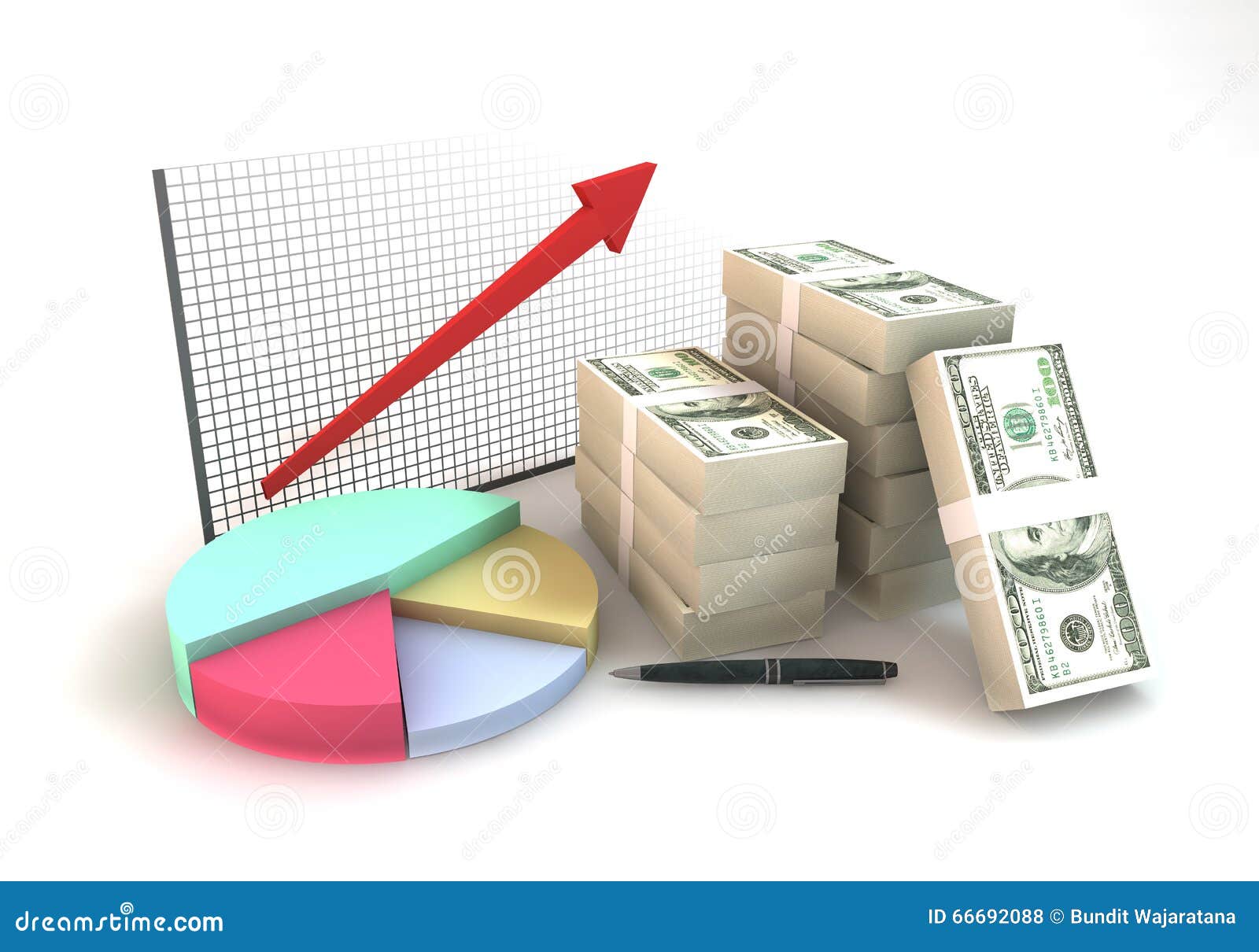 3d Rendering 100 Dollar Bill Stack with Colorful Business Pie Stock ...