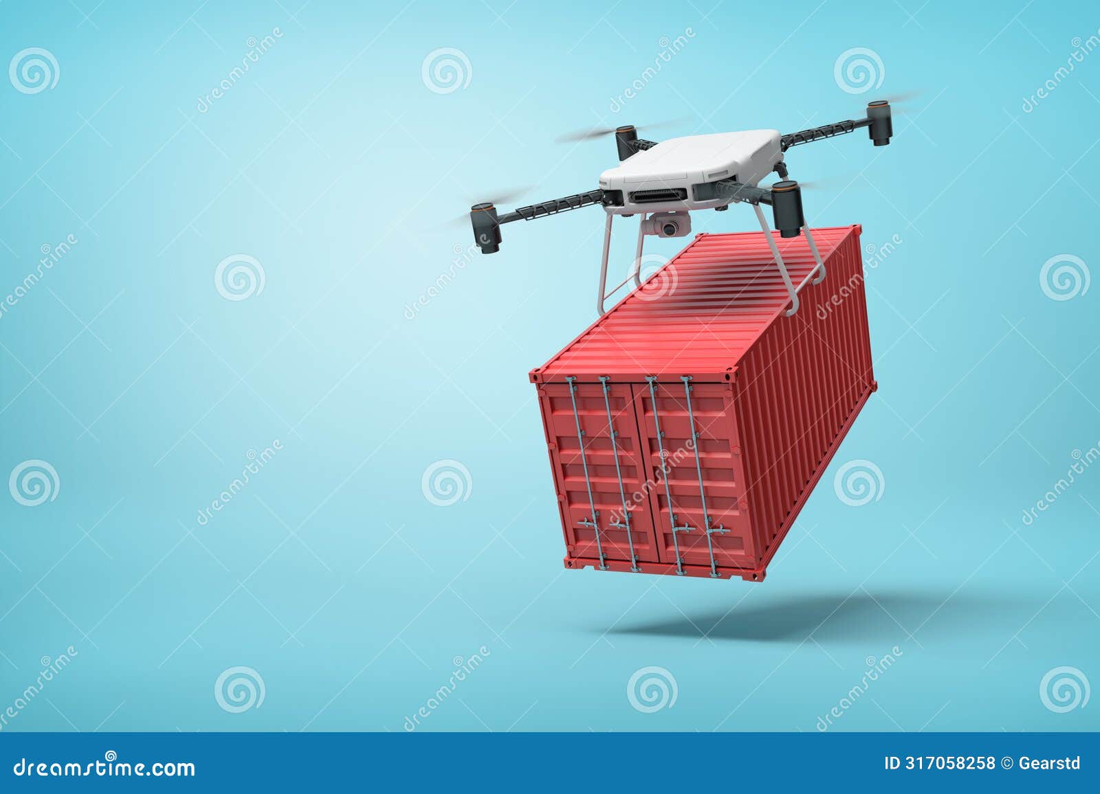 3d Rendering of Drone Lifting Red Shipping Container on Blue Background ...