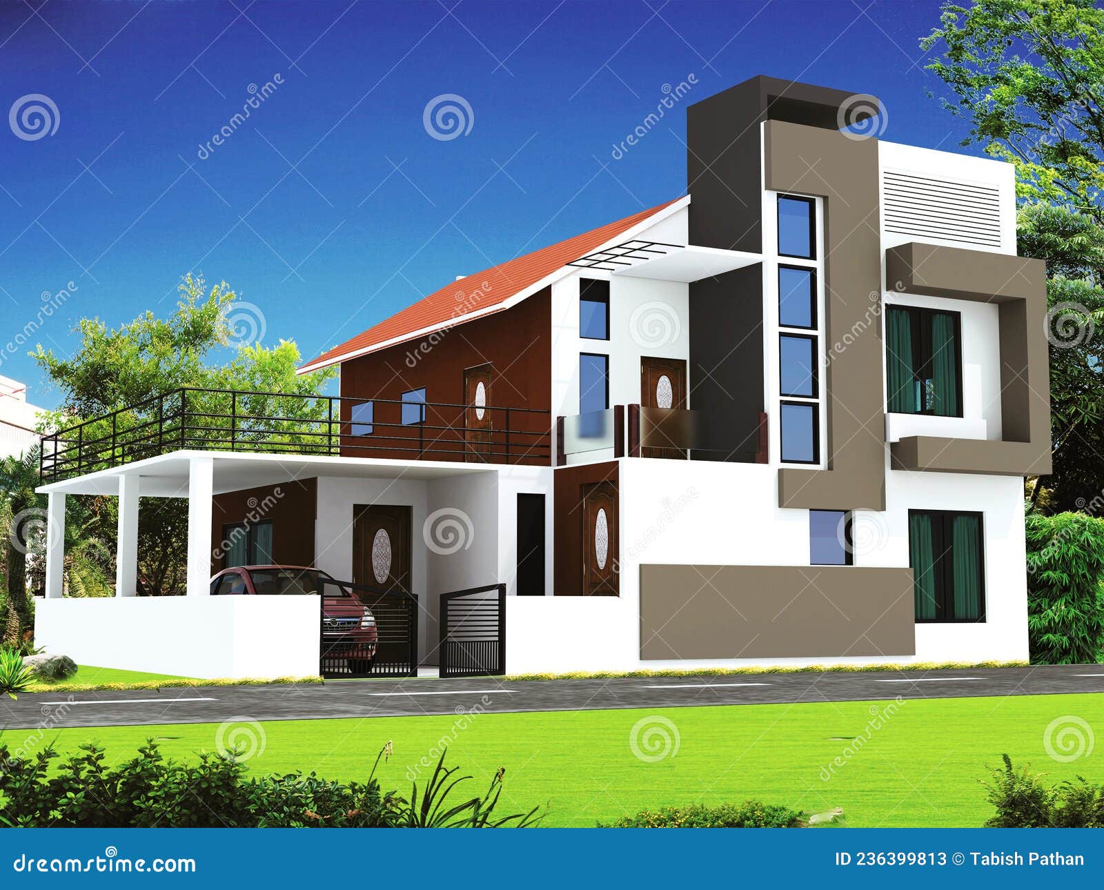 3D Rendering of a Duplex House with an Abstract Exterior Design and a ...