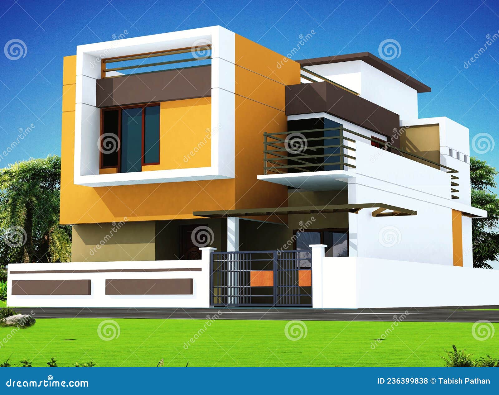 3D Rendering Of A Duplex House Exterior Design With Orange Color ...