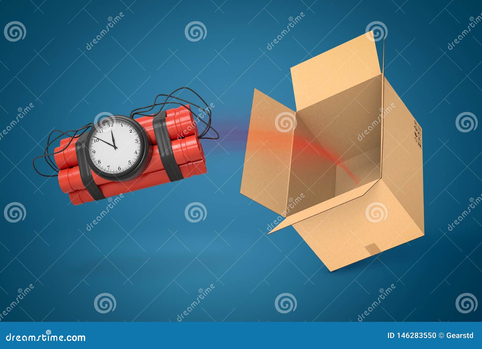 3d Rendering Dynamite Bundle with Timer Bomb Flying Out of Cardboard ...