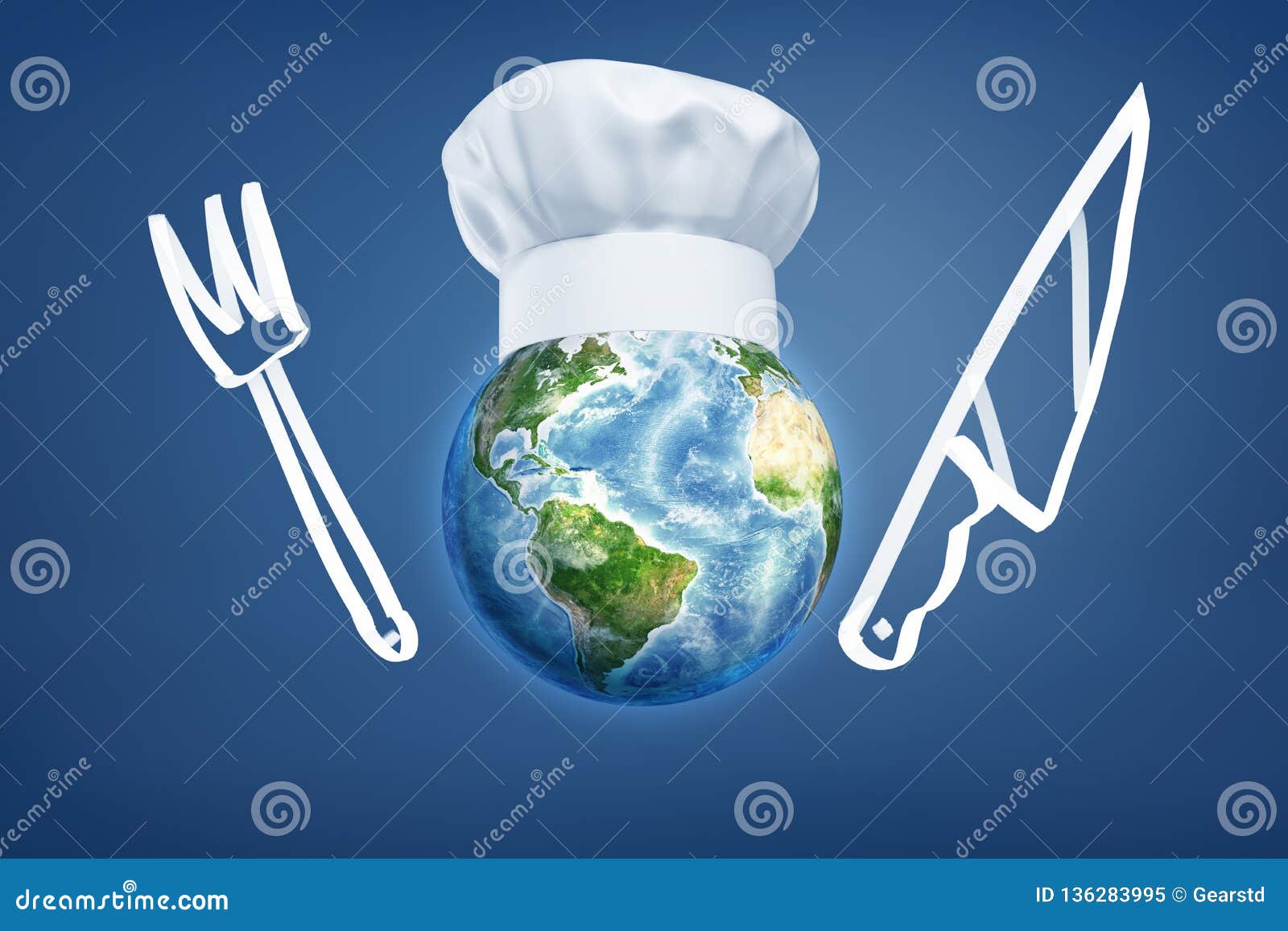 3d Rendering Of Earth Globe With Chef Hat, Knife And Fork Drawn On Blue ...