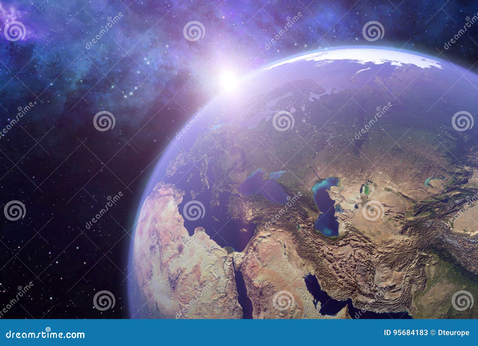 3d Rendering from the Earth with a Sun Reflection Stock Illustration ...