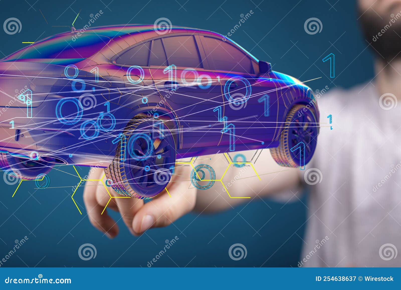 3D Rendering of an Electro Car Hologram in Hands Stock Illustration ...