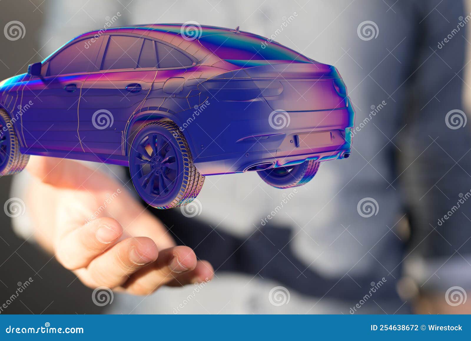 3D Rendering of an Electro Car Hologram in Hands Stock Illustration ...