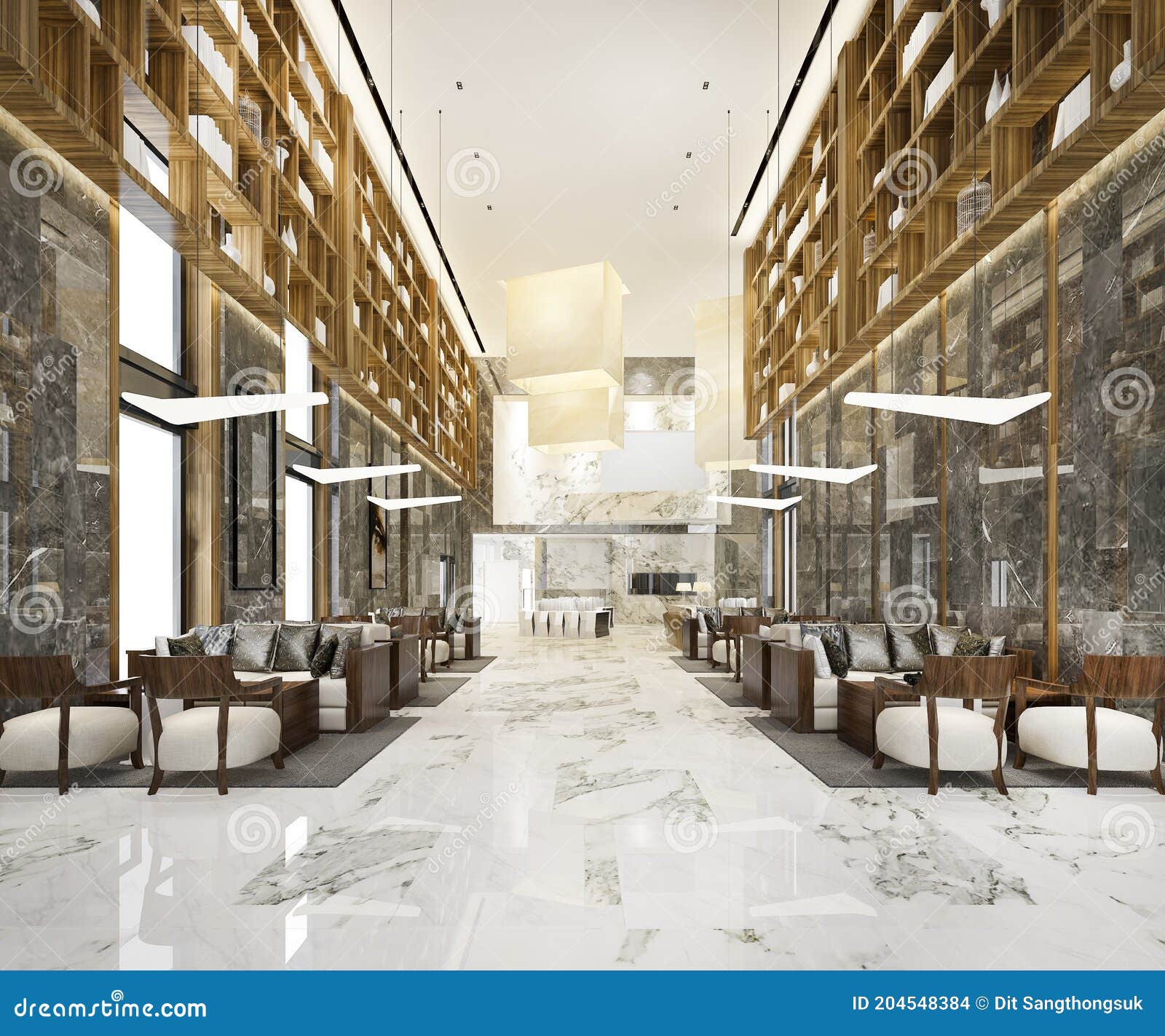 3d Rendering Elegant Lounge Lobby Area with Counter and Shelf Library ...