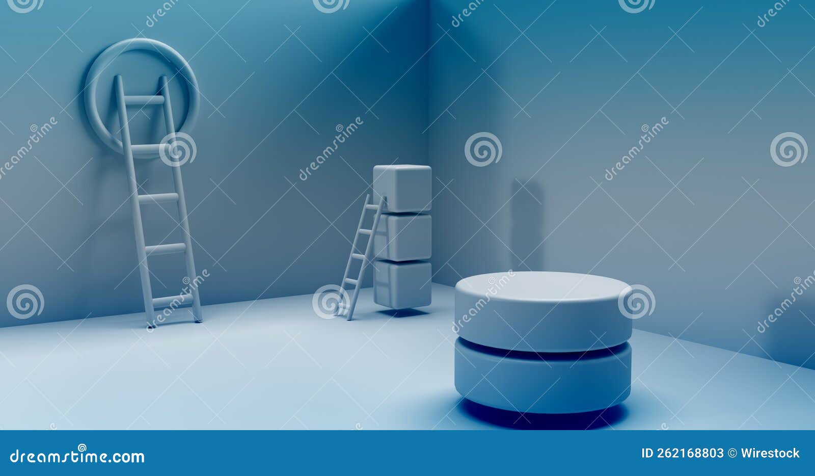 3D Rendering of an Empty Cell with Ladders Leaning on Walls and Chairs ...