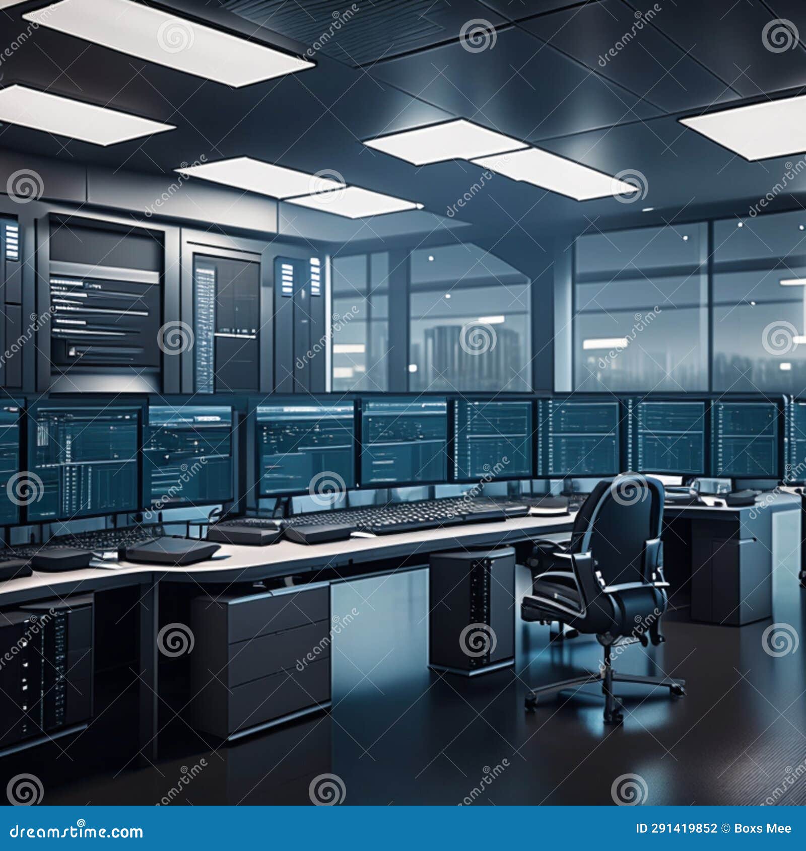 3D Rendering of an Empty Open Space Office with Computers and Monitors ...
