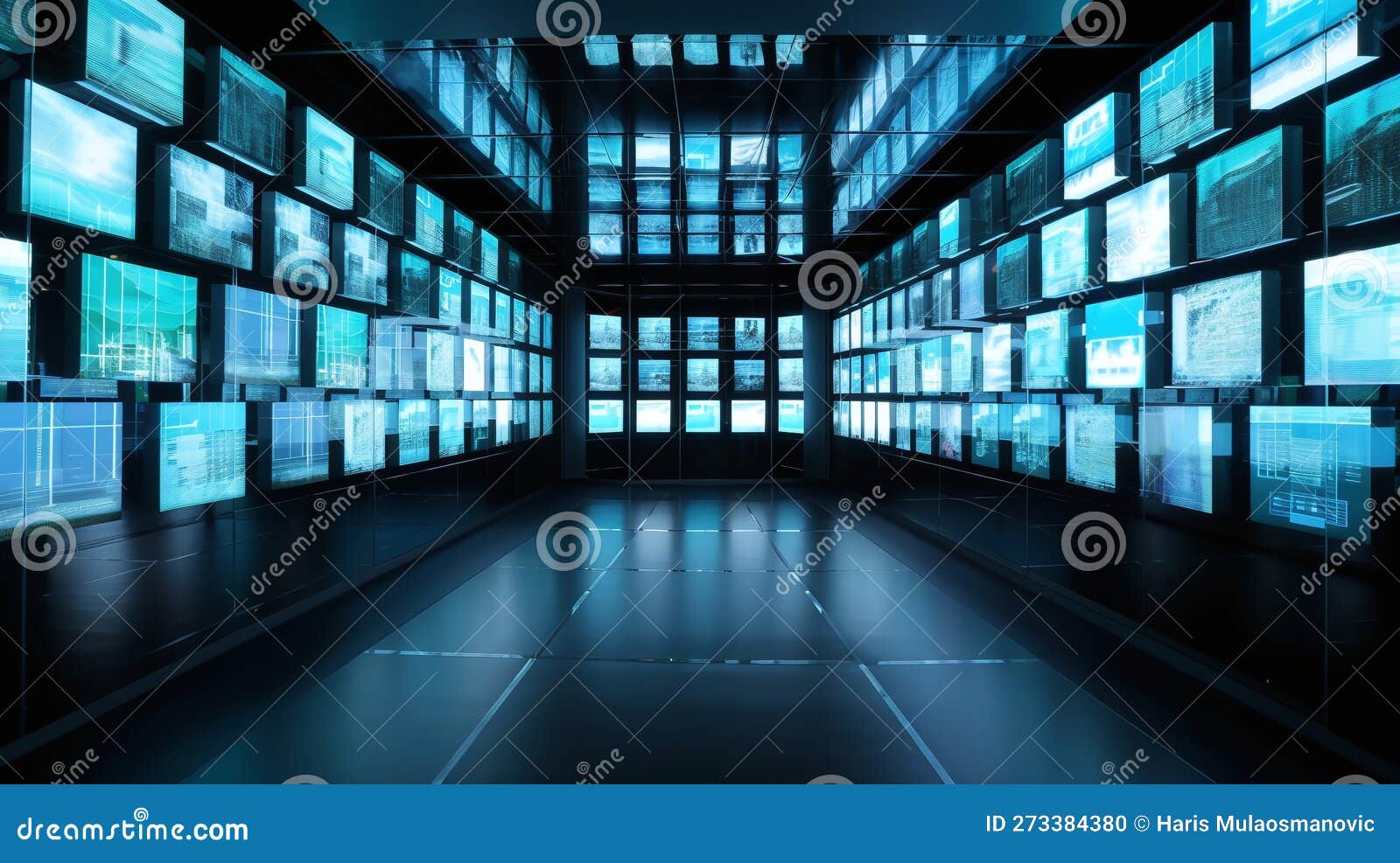 3D Rendering of Empty Room with Computer Screens in Blue Tone Ai ...