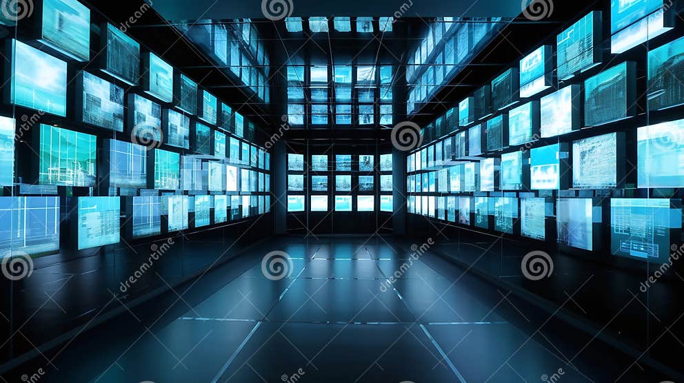 3D Rendering of Empty Room with Computer Screens in Blue Tone Ai ...