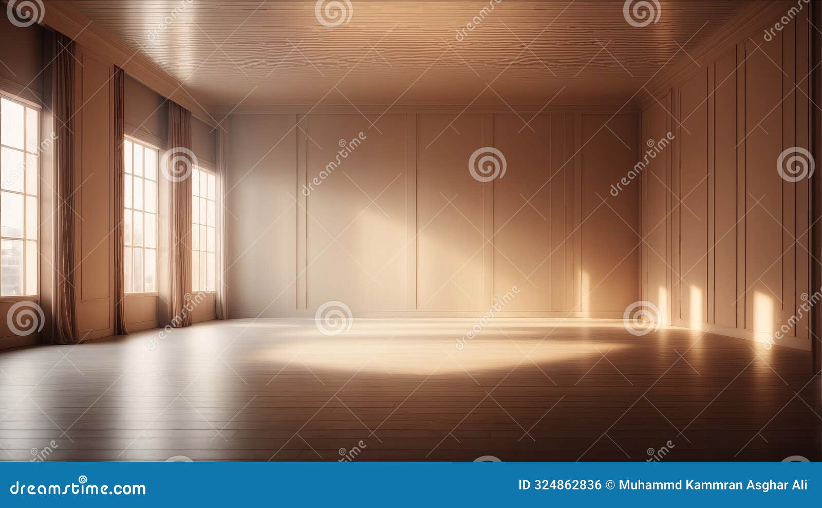 3D Rendering of Empty Room with Light Rays Coming Out from the Ceiling ...