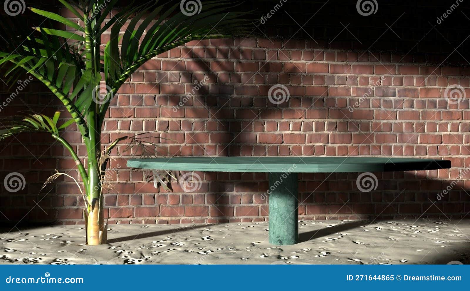 3d Rendering of an Empty Round Table and a Palm Tree by the Brick Wall ...