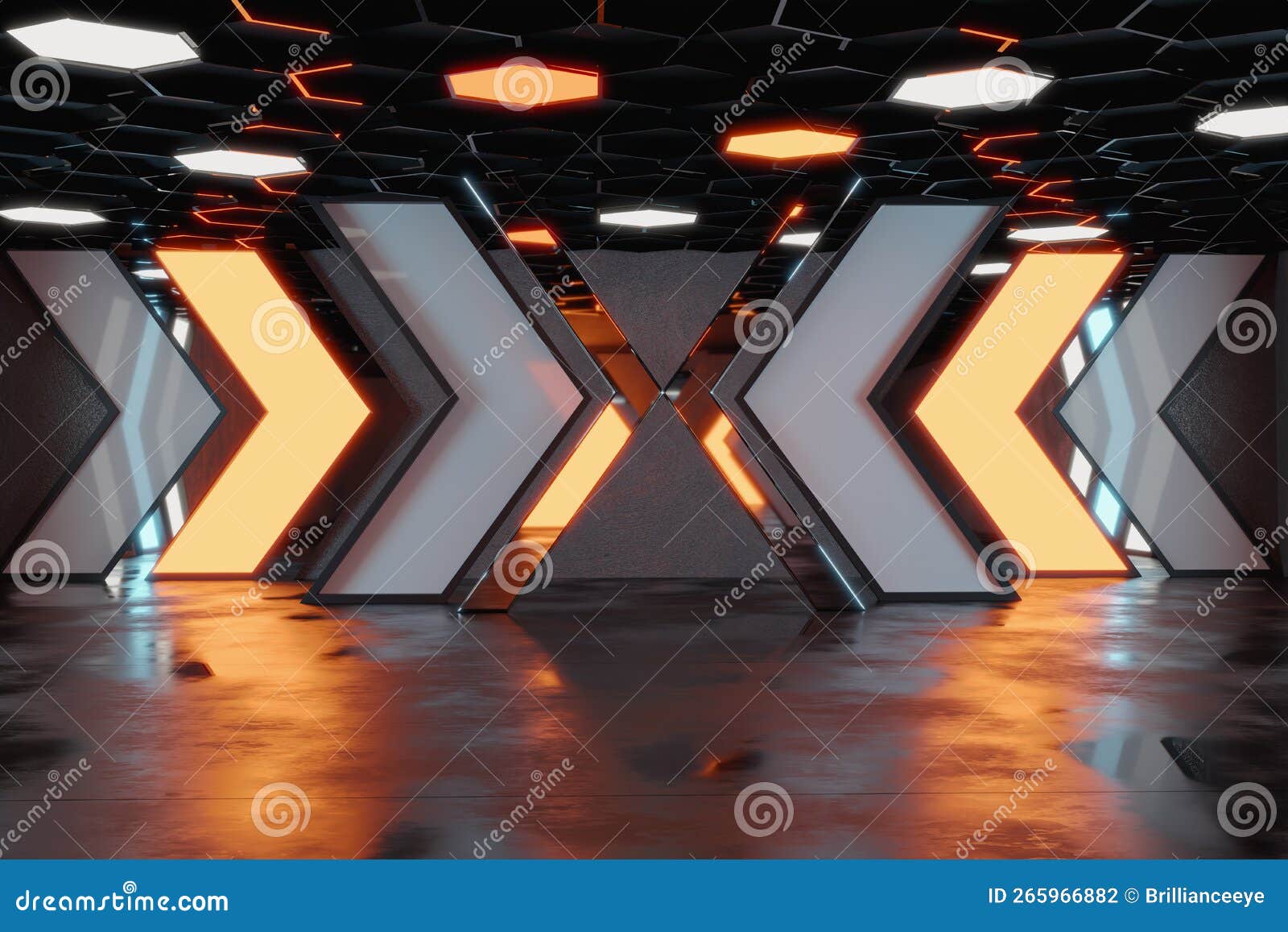 3D Rendering of Epic Hall with Neon Direction Elements and Hexagonal ...