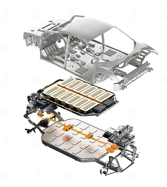 Explode View of Golden Electric Vehicle Battery with Car Frame Stock ...