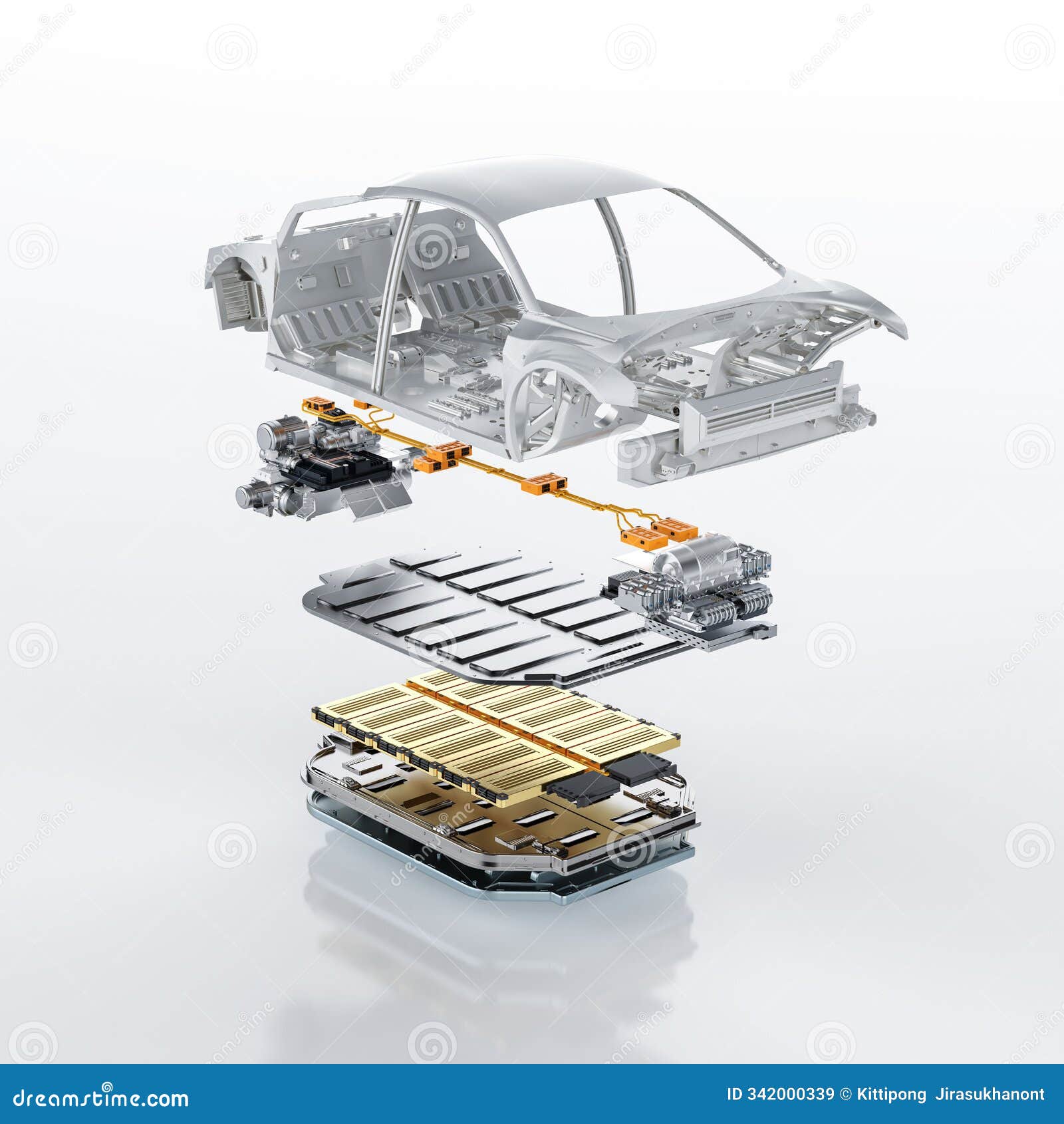Explode View of Golden Electric Vehicle Battery with Car Frame Stock ...