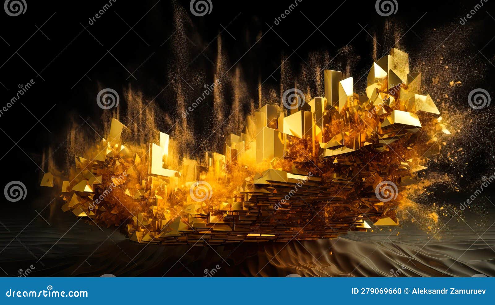 3d Rendering of Explosion of Gold Particles. Explosion of Golden Cubes ...