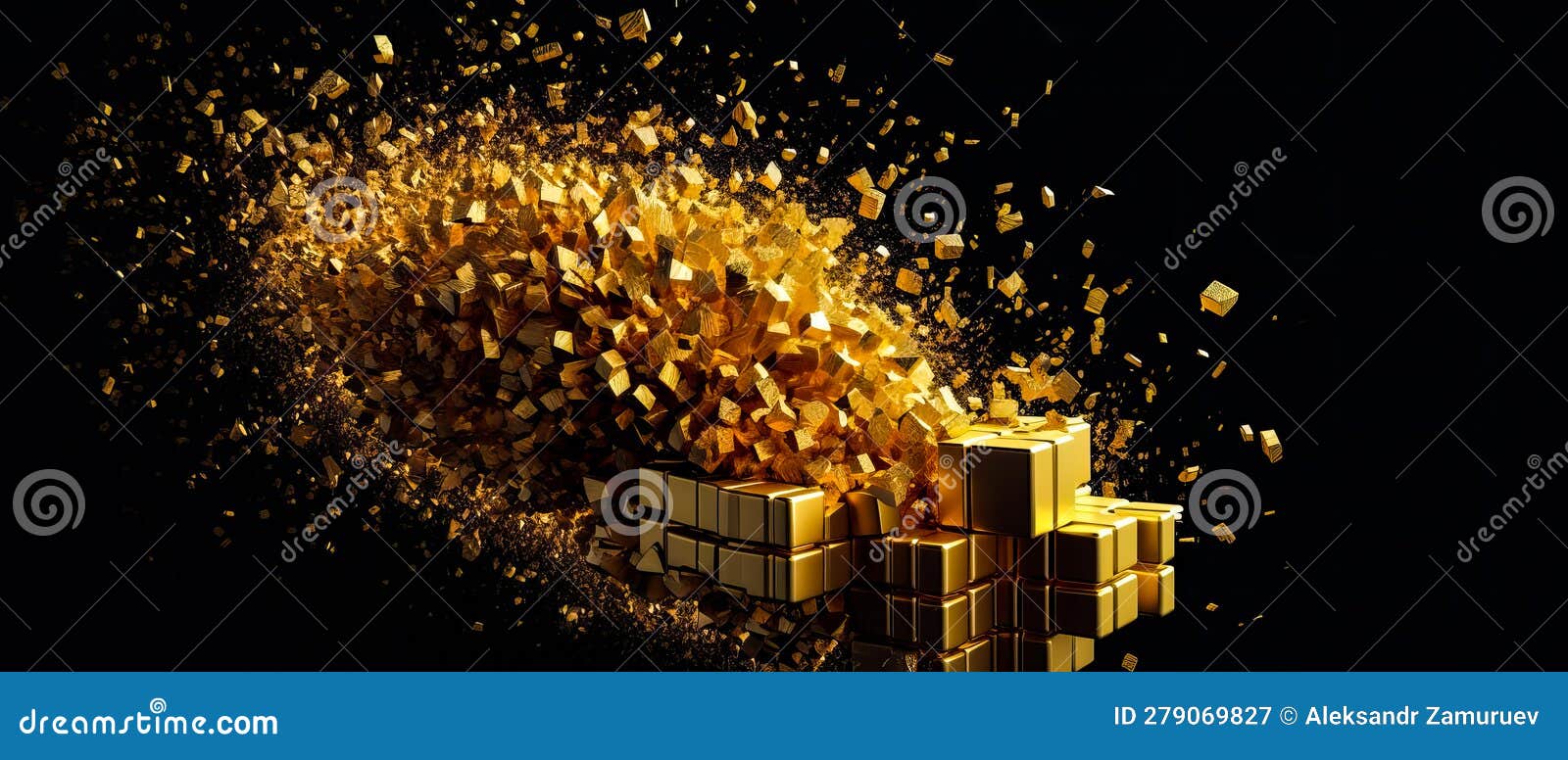 3d Rendering of Explosion of Gold Particles. Explosion of Golden Cubes ...