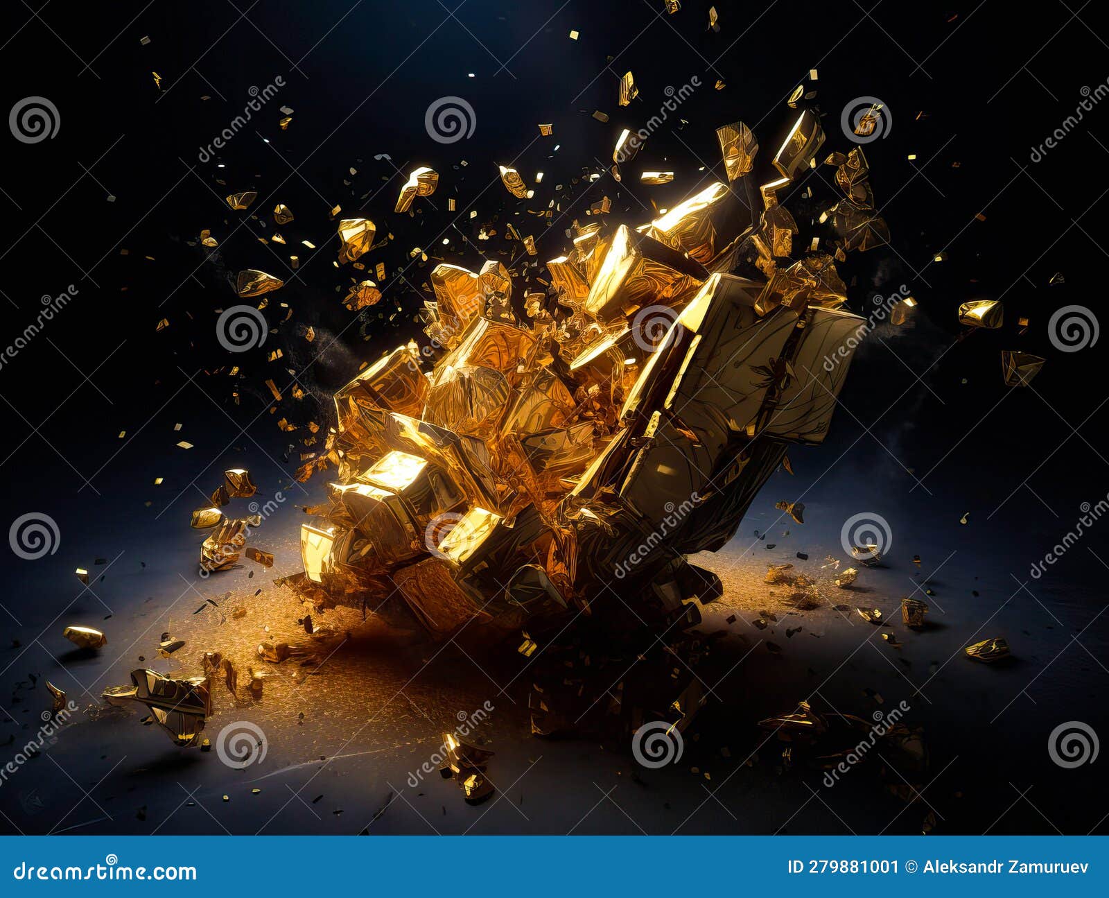 3d Rendering of Explosion of Gold Particles. Explosion of Golden Cubes ...