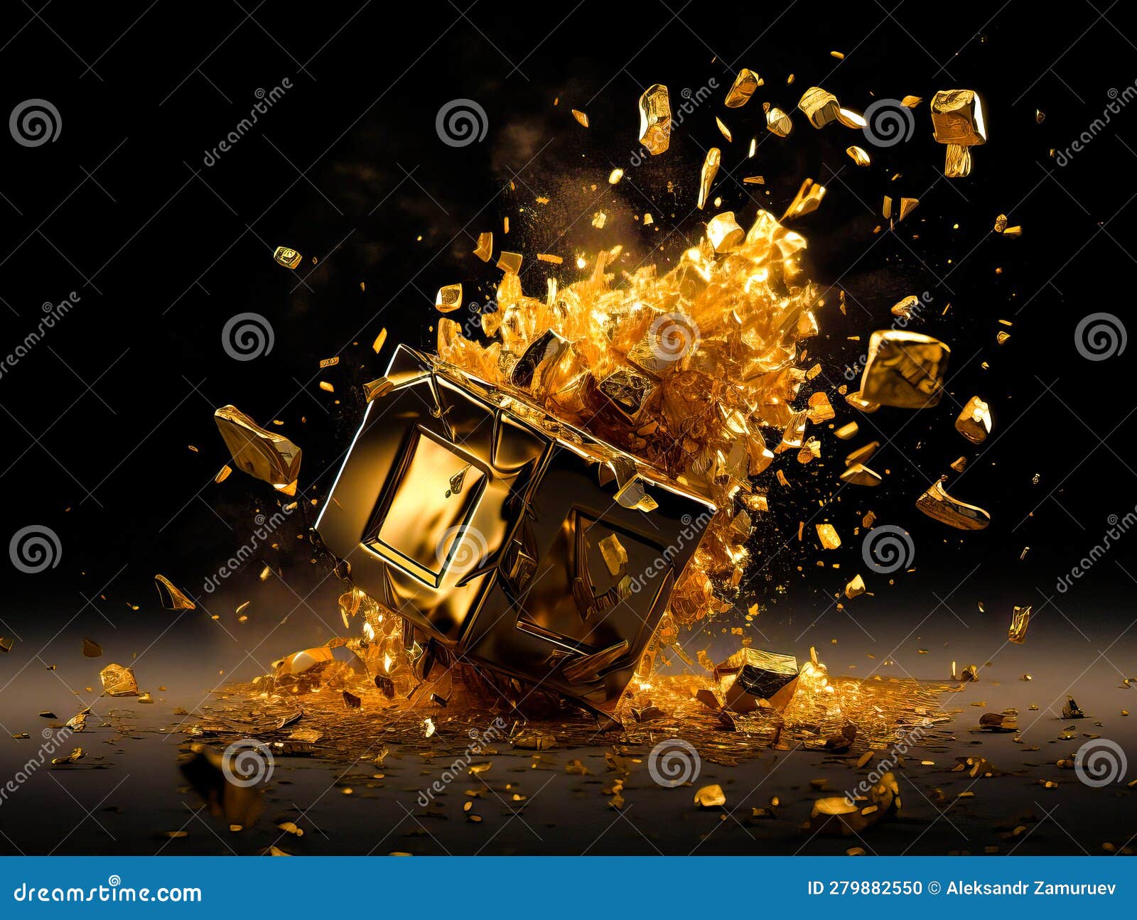 3d Rendering of Explosion of Gold Particles. Explosion of Golden Cubes ...