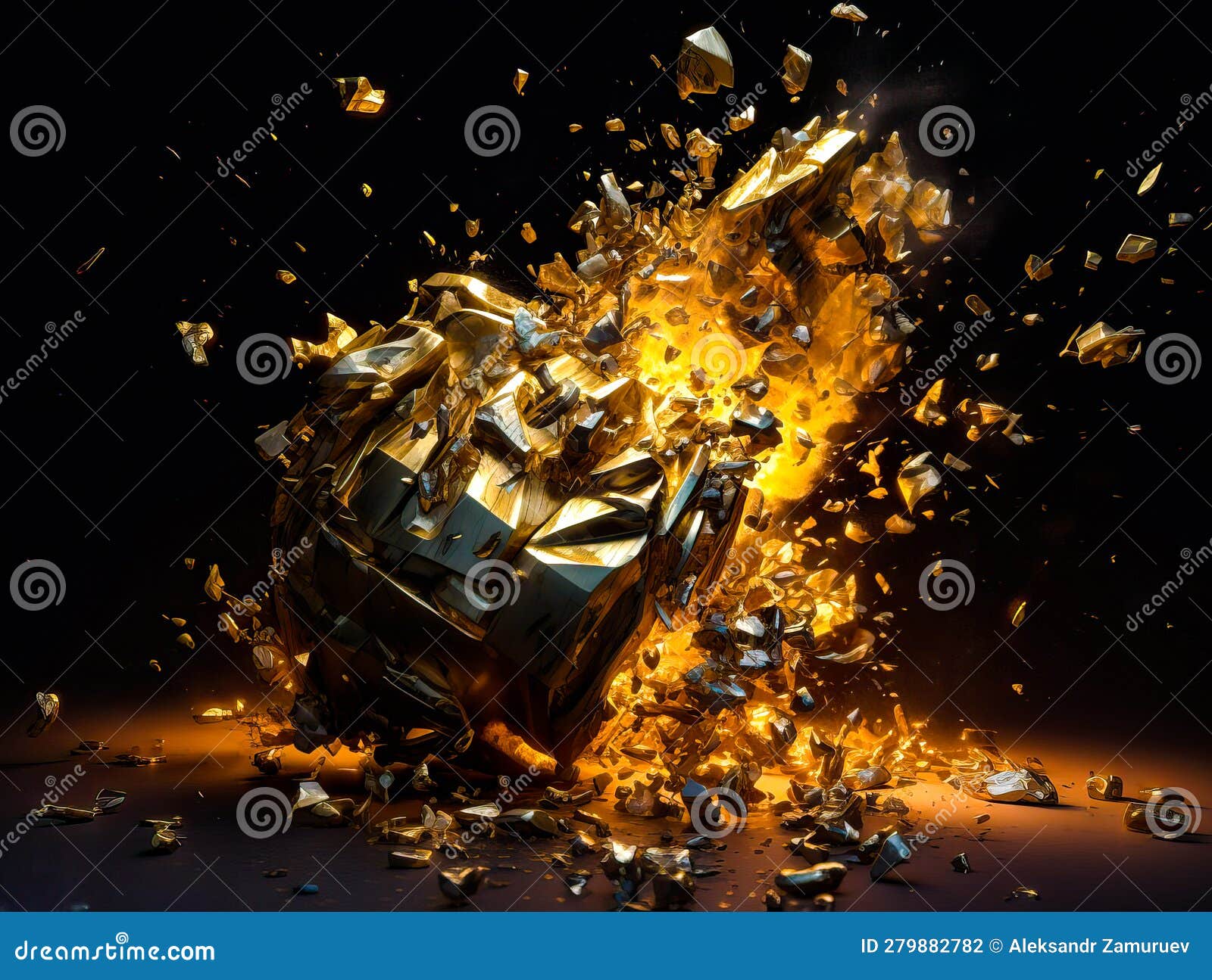 3d Rendering of Explosion of Gold Particles. Explosion of Golden Cubes ...