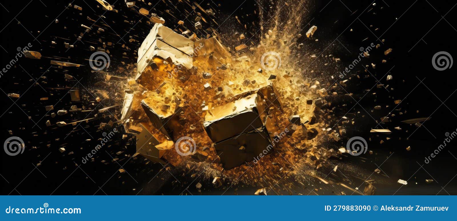 3d Rendering of Explosion of Gold Particles. Explosion of Golden Cubes ...