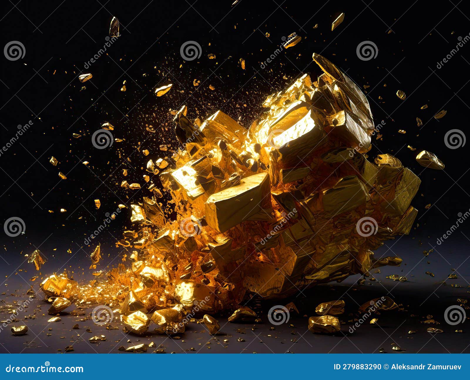 3d Rendering of Explosion of Gold Particles. Explosion of Golden Cubes ...