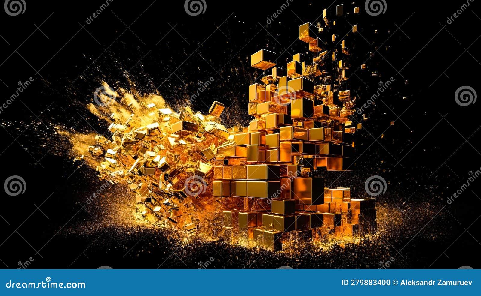 3d Rendering of Explosion of Gold Particles. Explosion of Golden Cubes ...