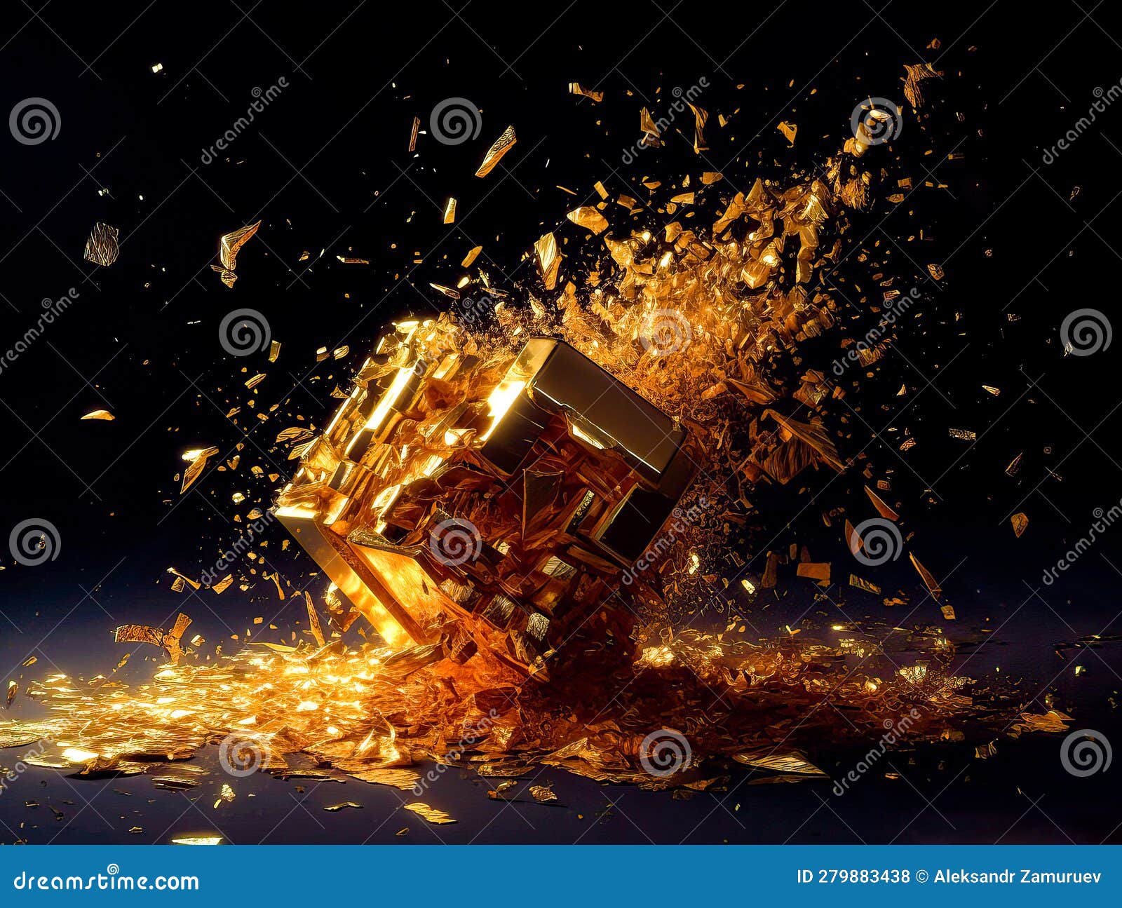 3d Rendering of Explosion of Gold Particles. Explosion of Golden Cubes ...