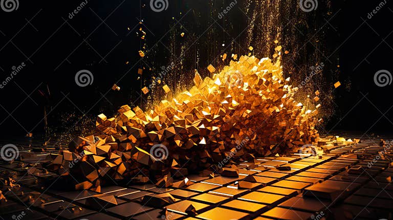 3d Rendering of Explosion of Gold Particles. Explosion of Golden Cubes ...