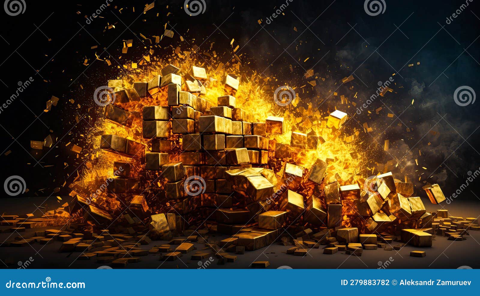 3d Rendering of Explosion of Gold Particles. Explosion of Golden Cubes ...
